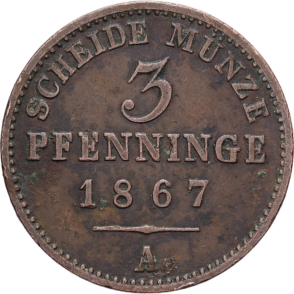 German States, PRUSSIA, Wilhelm I, 3 Pfennig, 1867, Berlin, Copper,