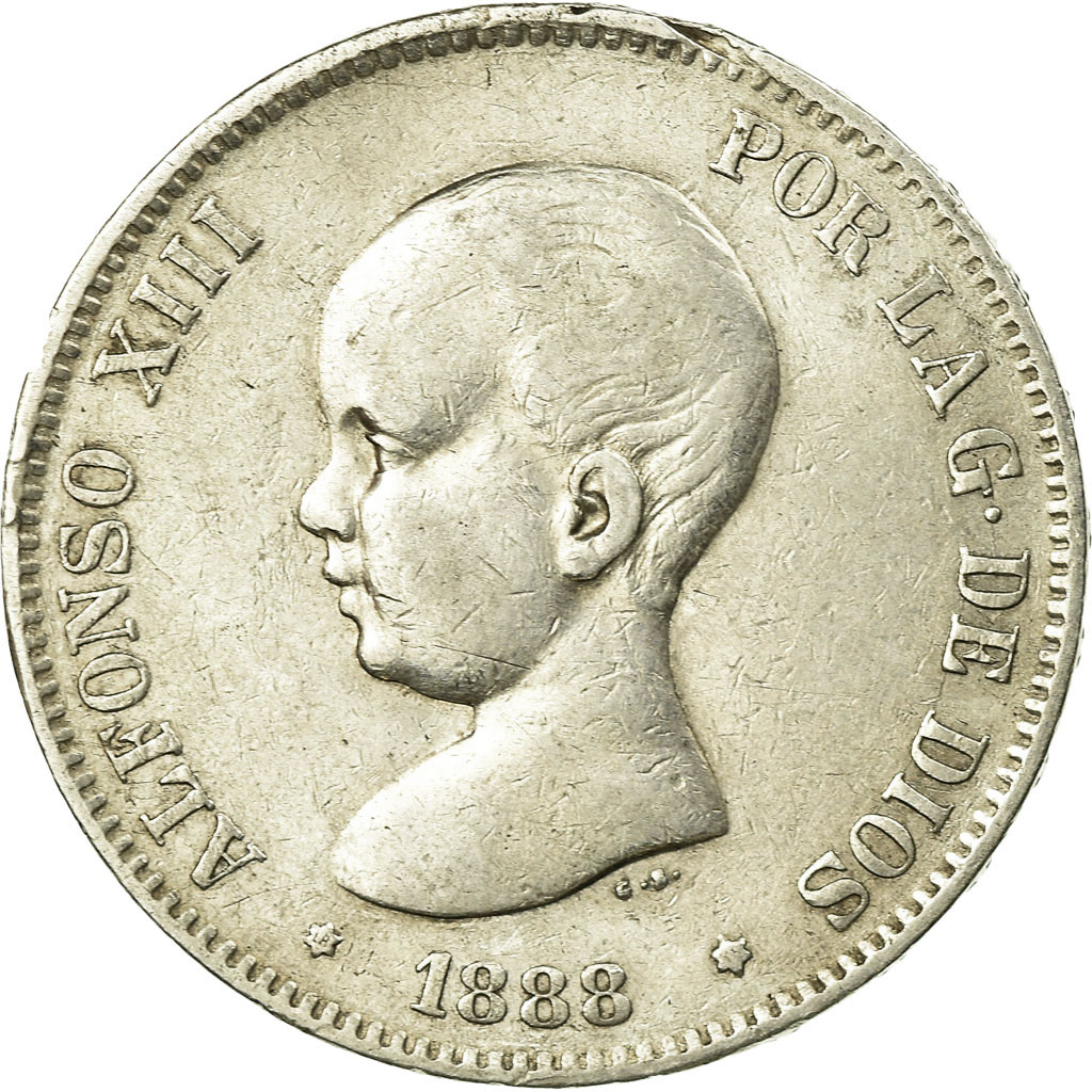 Coin, Spain, Alfonso XIII, 5 Pesetas, 1888, Madrid, , Silver, KM:689