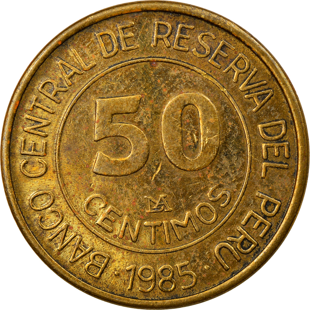 Coin, Peru, 50 Centimos, 1985, Lima, EF(40-45), Brass, KM:295