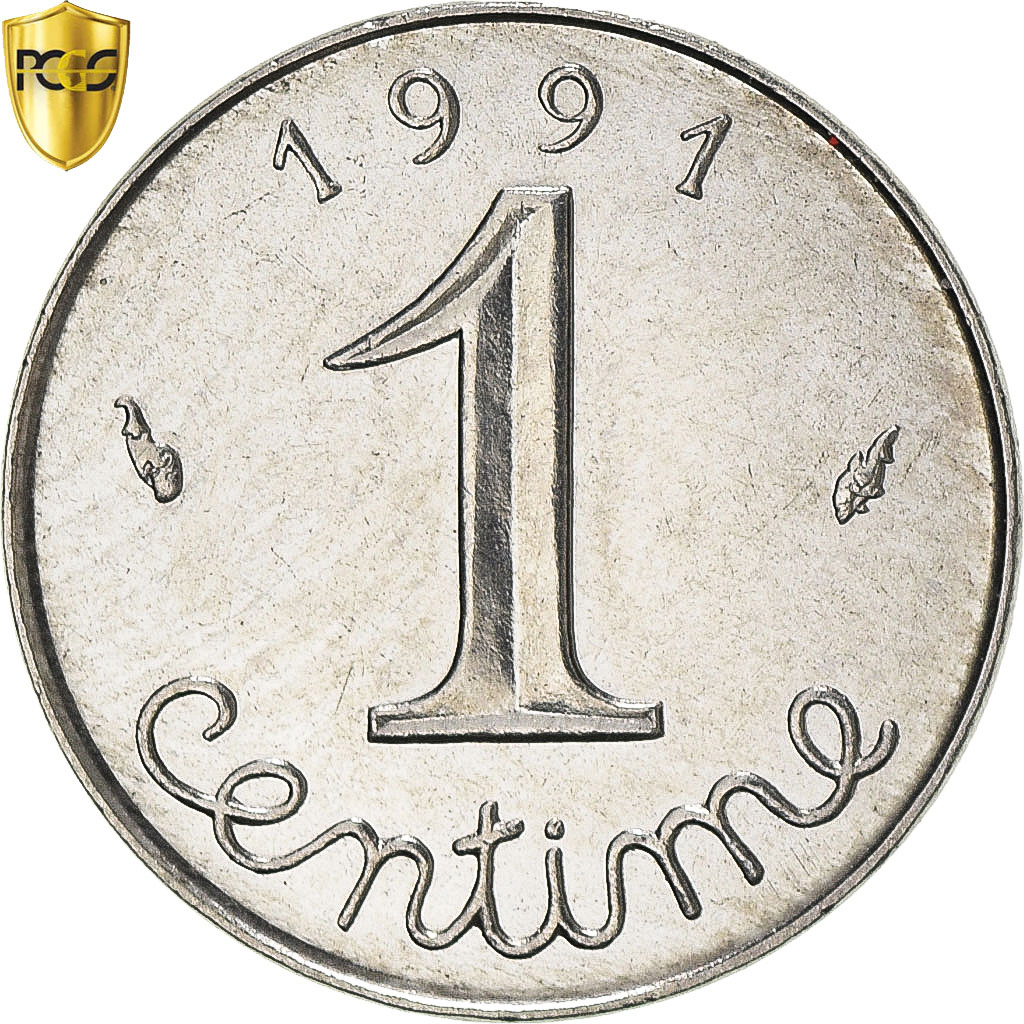France, 1 Centime, Épi, 1991, Paris, Coin Alignment, Stainless Steel, PCGS
