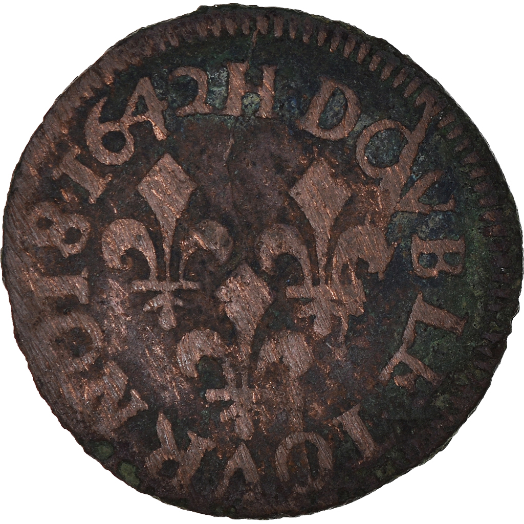 Coin, France, Louis XIII, Double Tournois, 1642, La Rochelle, , Copper