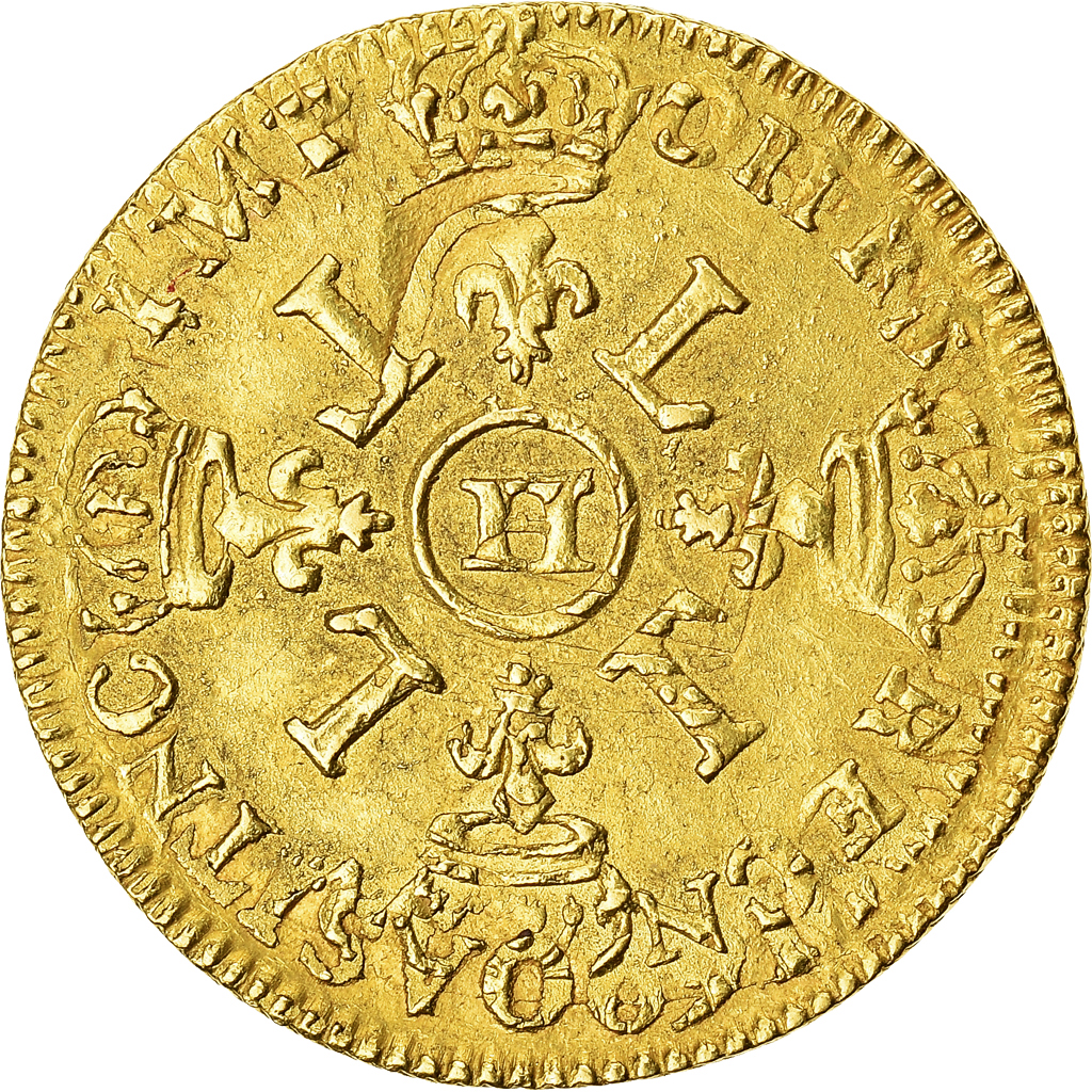 Coin, France, Louis XIV, Louis d'or aux 4 L, Louis d'Or, 1696, La Rochelle