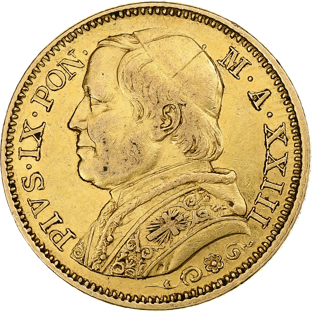ITALIAN STATES, PAPAL STATES, Pius IX, 20 Lire, 1868, Rome, Gold,