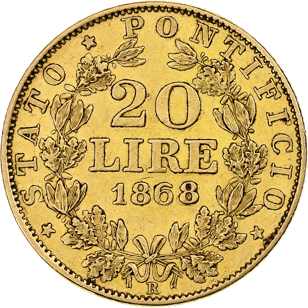ITALIAN STATES, PAPAL STATES, Pius IX, 20 Lire, 1868, Rome, Gold,