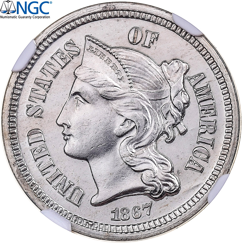 United States, Nickel 3 Cents, 1867, Philadelphia, Proof, Copper-nickel ...