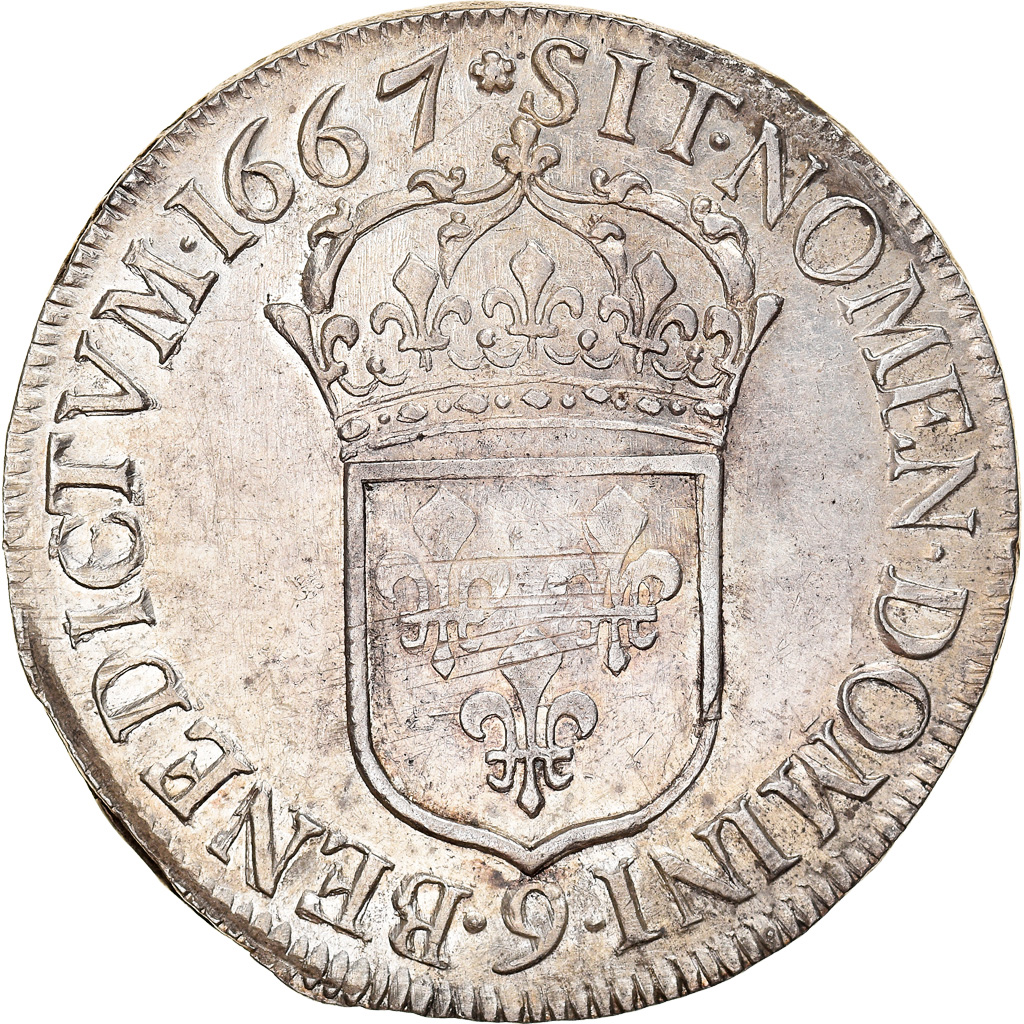 France, Louis XIV, Écu au portrait apollinien, 1667, Rennes, Rare, Silver